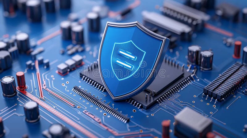 Cybersecurity Concept with a Digital Shield Securing a Circuit Board ...