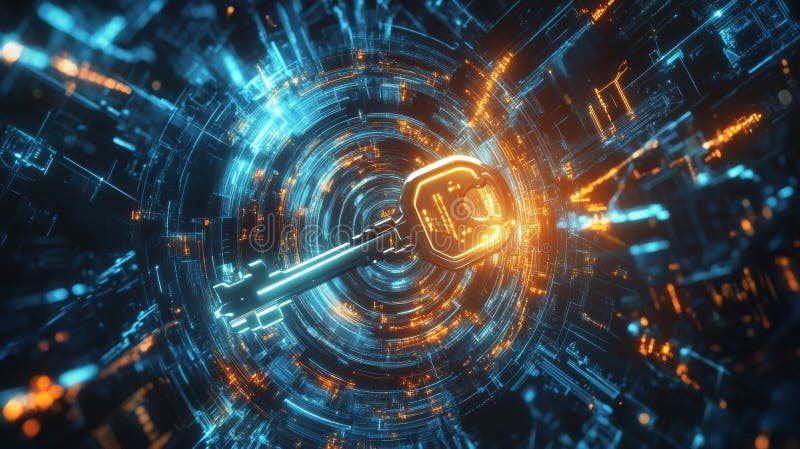 Cybersecurity Concept Featuring a Central Metallic Key Amidst Digital ...