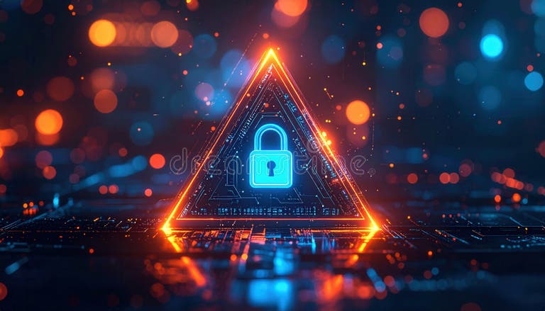 Cybersecurity Concept with Glowing Lock Inside Triangle Digital Stock ...