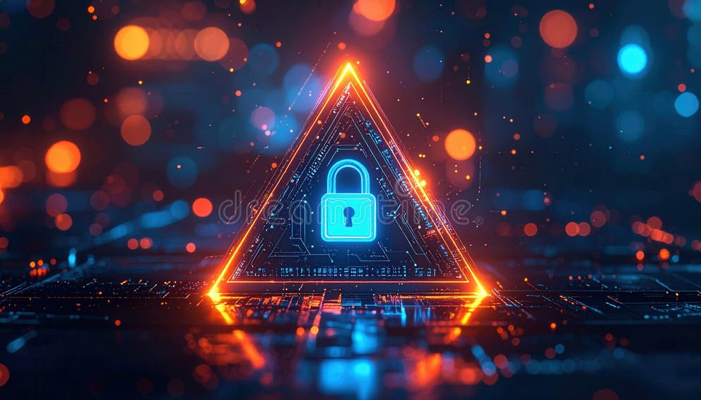 Cybersecurity Concept with Glowing Lock Inside Triangle Digital Stock Illustration ...
