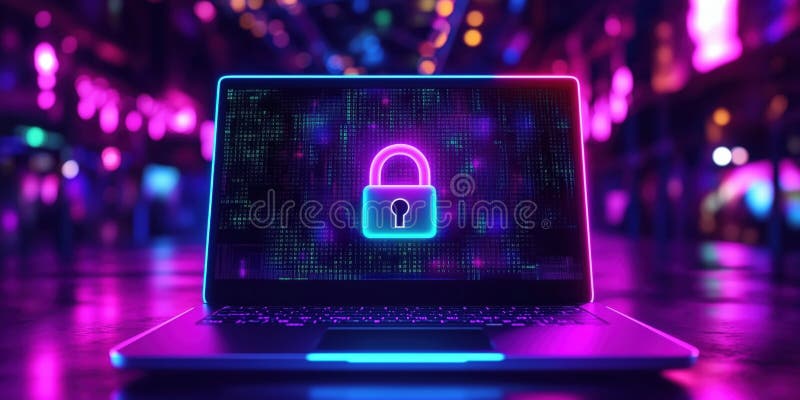 Cybersecurity Concept with Glowing Lock Symbol on Laptop Screen in Neon ...