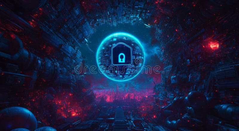 Cybersecurity Concept Glowing Padlock Icon Digital Globe Blue Data ...