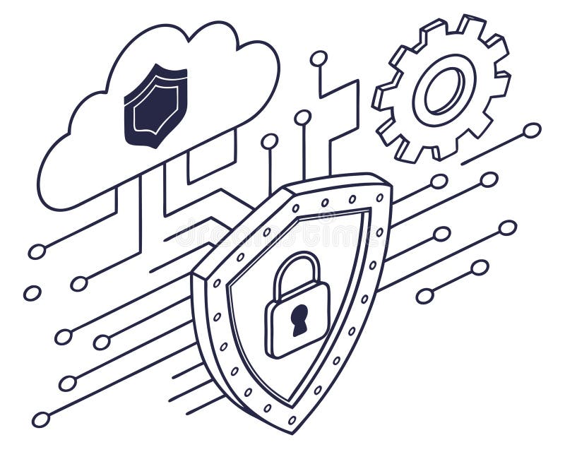 Cybersecurity Concept with a Glowing Padlock Icon Inside a Shield, Binary Code Lines in the ...