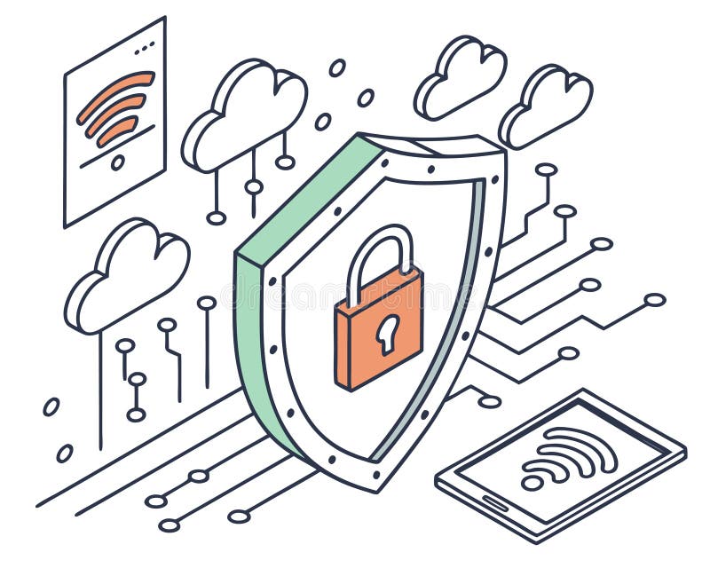 Cybersecurity Concept with a Glowing Padlock Icon Inside a Shield, Binary Code Lines in the ...