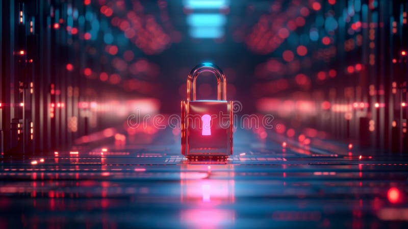 Cybersecurity Concept with Glowing Padlock in Server Room Stock ...