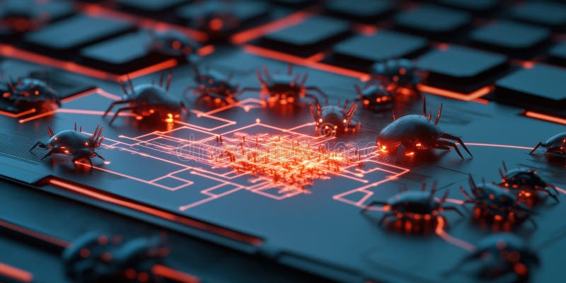 Cybersecurity Concept with Glowing Red Circuit and Digital Bugs on ...