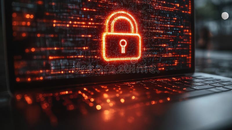 Cybersecurity Concept with Glowing Red Lock Symbol on Laptop Screen ...