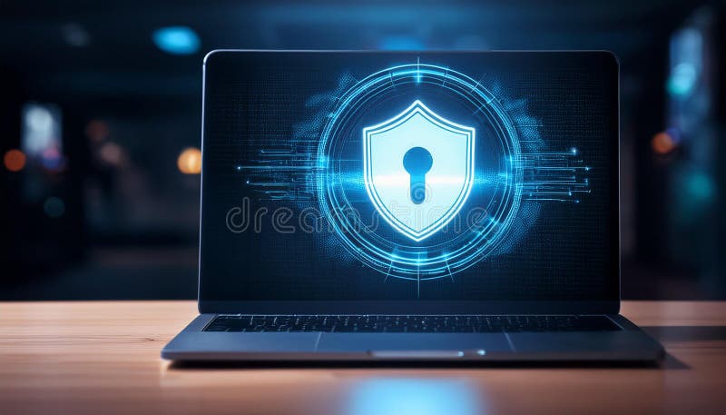 Cybersecurity Concept: Glowing Shield Icon on Laptop Screen in Dimly ...