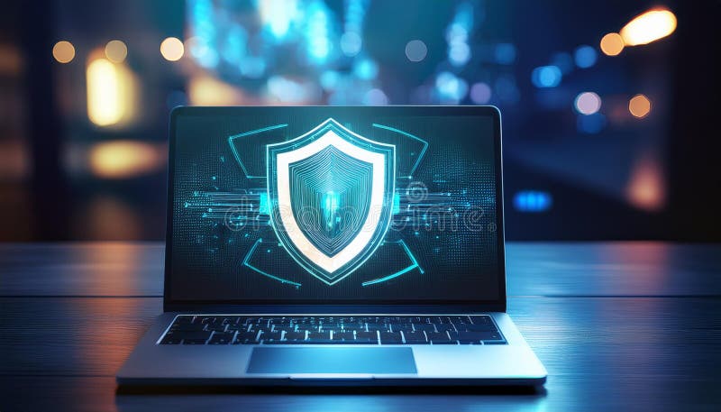 Cybersecurity Concept: Glowing Shield Icon on Laptop Screen in Dimly ...