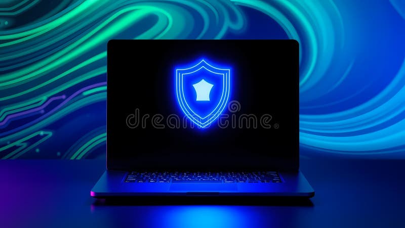 Cybersecurity Concept with Glowing Shield on Laptop Screen Stock ...