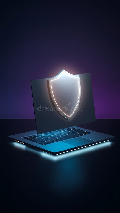 Cybersecurity Concept with Glowing Shield on Laptop Screen Stock ...