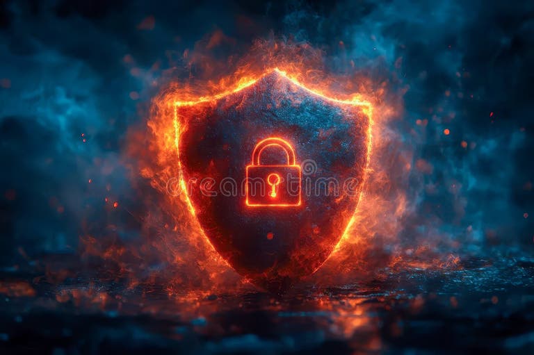 Cybersecurity Concept with Glowing Shield and Lock Icon in Fiery Flames ...