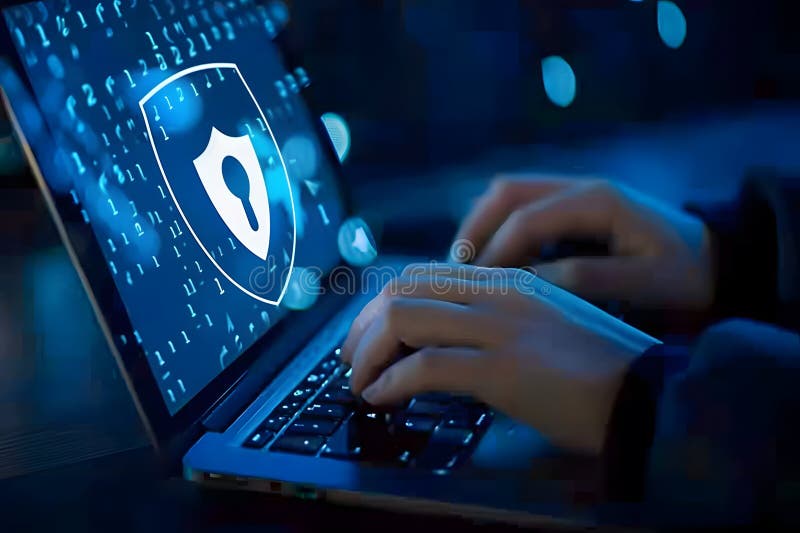 Cybersecurity Concept: Hands Typing on a Laptop Digital Shield and ...