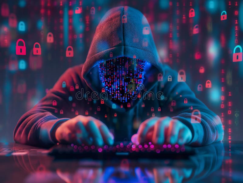 Cybersecurity Concept with Hooded Hacker and Digital Locks Stock Image ...