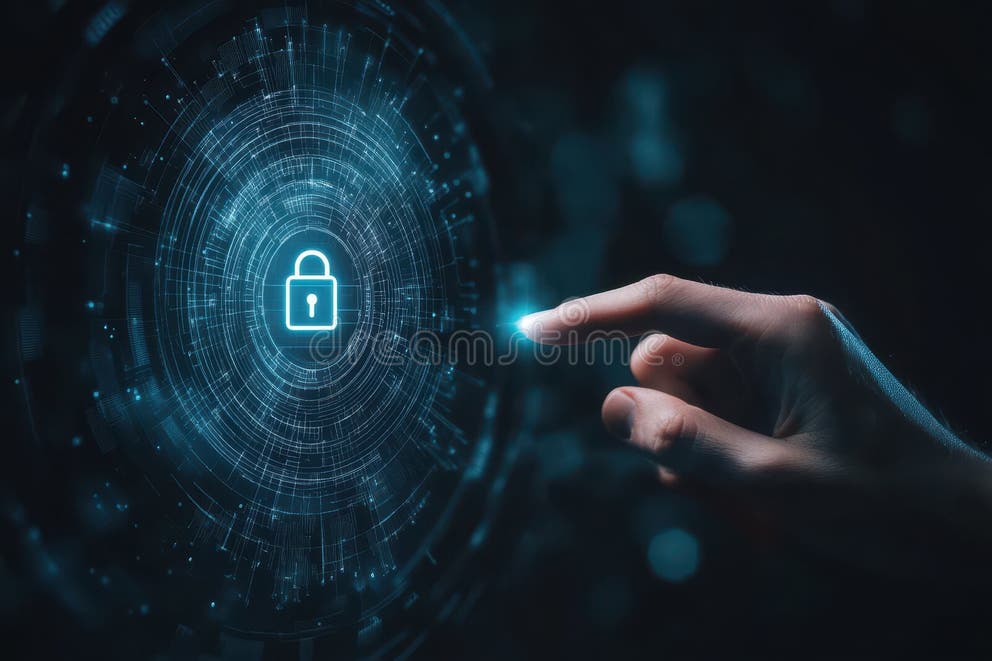 Cybersecurity Concept, Human Hand Interacting with Digital Lock Icon on ...
