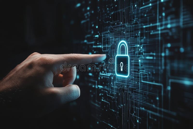 Cybersecurity Concept, Human Hand Interacting with Digital Lock Icon on ...