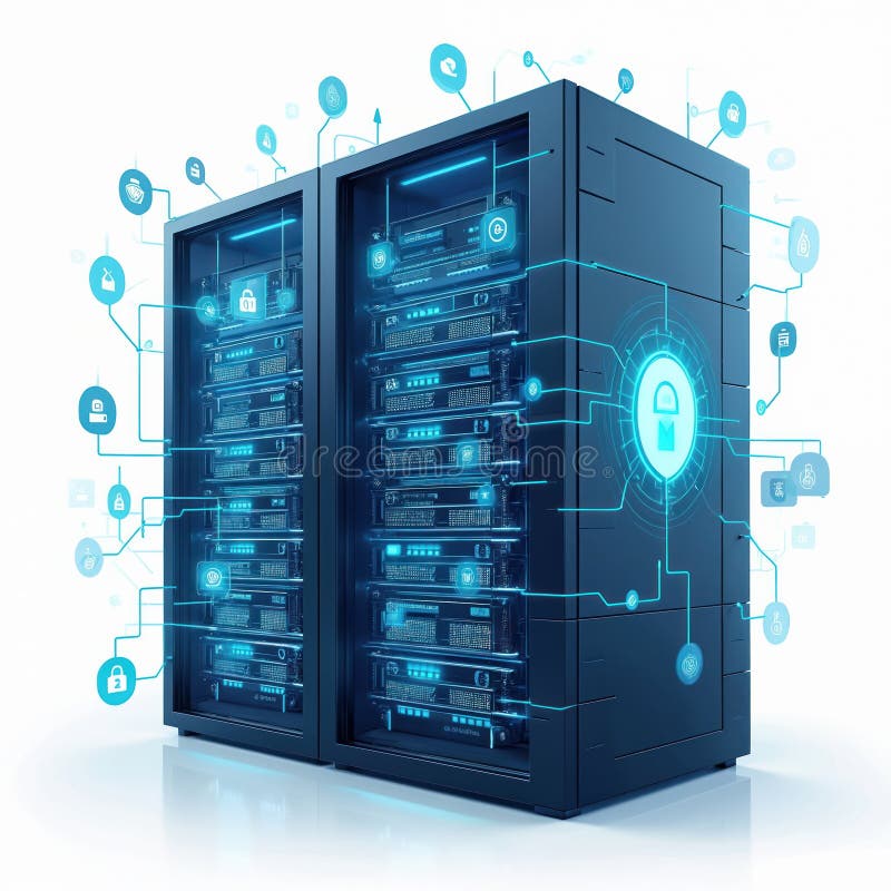 Cybersecurity Concept Illustration. Secure Server Rack Protects Private Data from Cyber Attacks ...