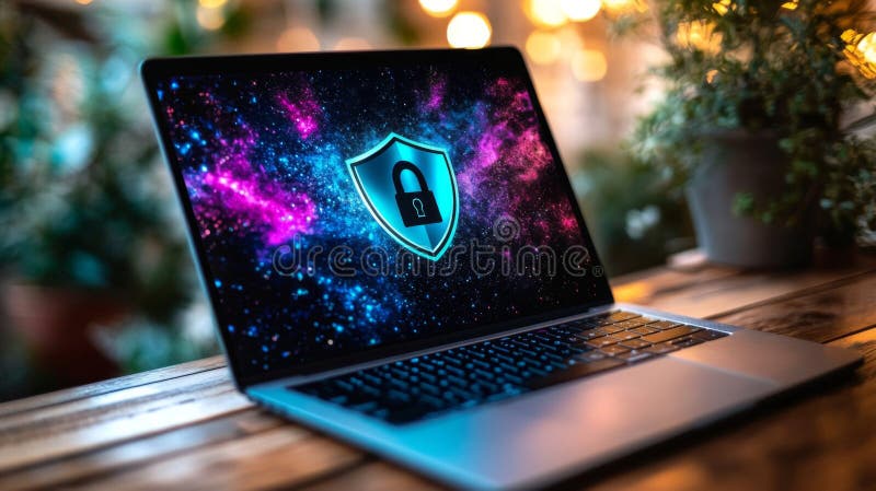 Cybersecurity Concept: Laptop Displaying a Glowing Shield and Lock Icon ...