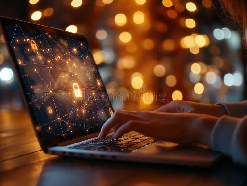 Cybersecurity Concept with Laptop and Network Locks Stock Image - Image ...