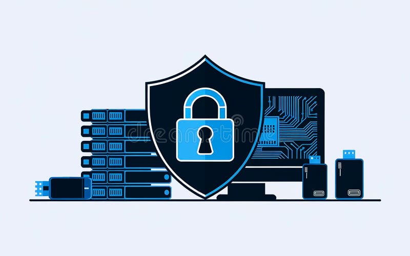 Cybersecurity Concept with Lock, Shield, Computer, and Storage Devices ...