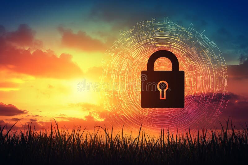 Cybersecurity Concept with Lock Symbol Against Vibrant Sunset Stock ...