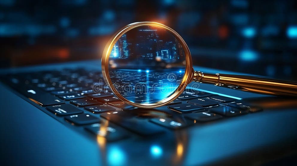 Cybersecurity Concept: Magnifying Glass Over Keyboard with Digital Data ...