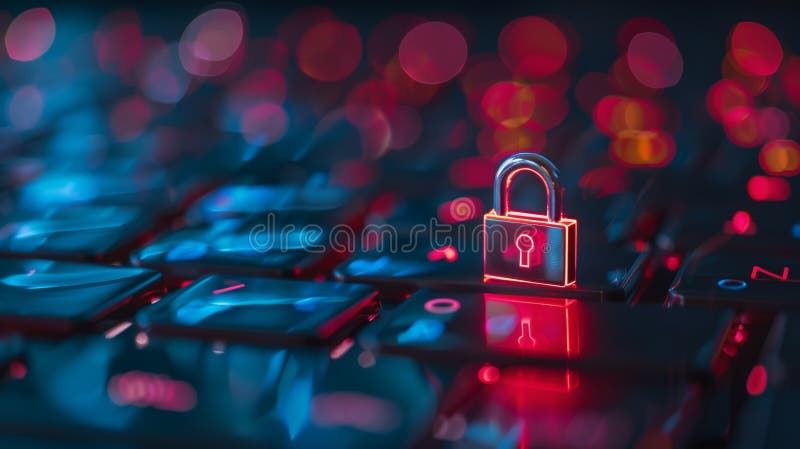 Cybersecurity Concept with Neon Lock on Keyboard Stock Illustration ...