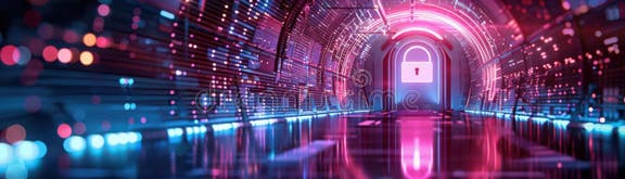 Cybersecurity Concept: Neon Tunnel with Secure Lock Symbol Stock ...
