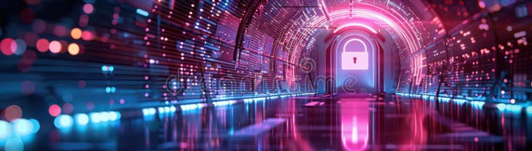 Cybersecurity Concept: Neon Tunnel with Secure Lock Symbol Stock ...