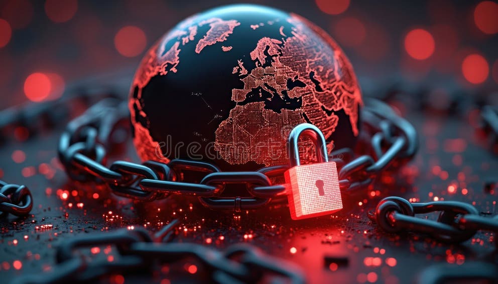 Cybersecurity Concept with Padlock Globe and Chains. Digital Security ...