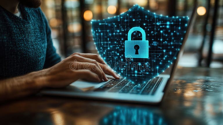 Cybersecurity Concept Person Using Laptop in Cafe Digital Shield and ...