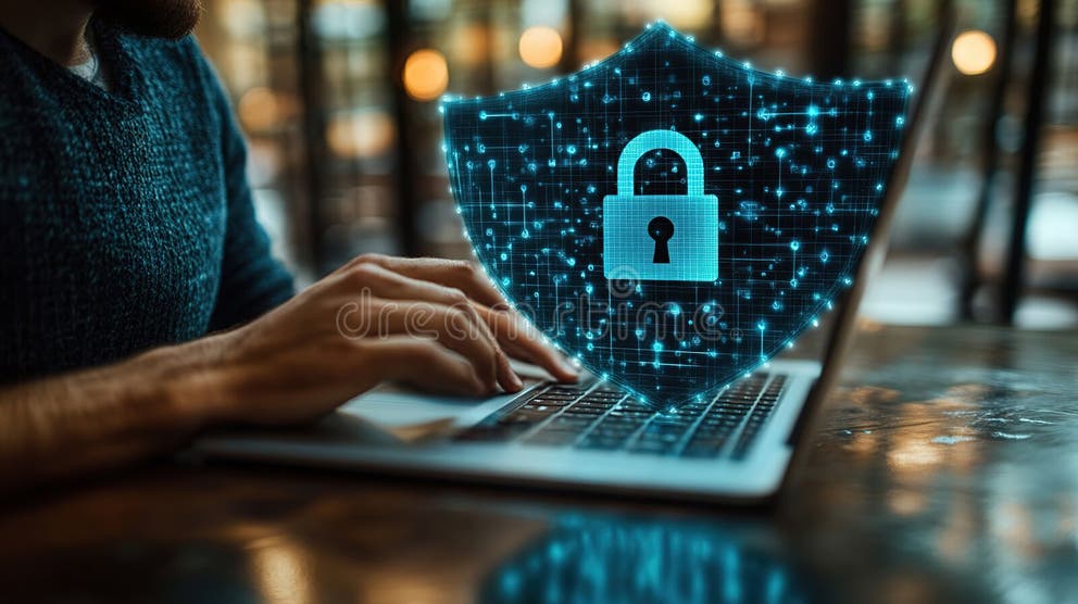 Cybersecurity Concept Person Using Laptop in Cafe Digital Shield and ...
