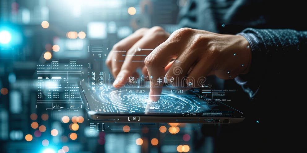 Cybersecurity Concept with Person Using a Tablet To Navigate a Complex Interface with Digital ...