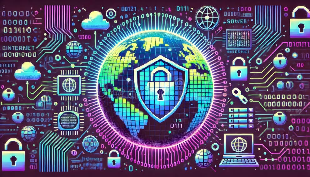 Cybersecurity Concept with Pixelated Shield and Glowing Lock Protecting ...