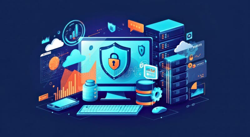 Cybersecurity Concept with Shield on Computer Screen and Technology ...