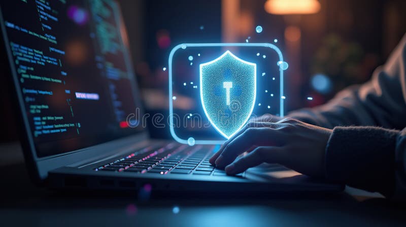 Cybersecurity Concept with a Shield Overlay on a Laptop Screen Stock ...