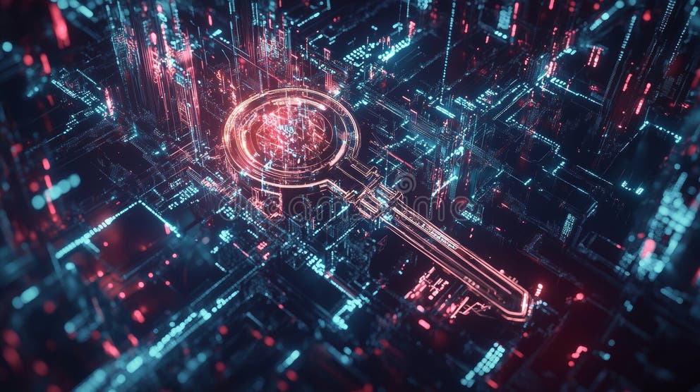 Cybersecurity Concept Shiny Key Unlocking Secure Data Amidst Digital Elements and Circuit ...