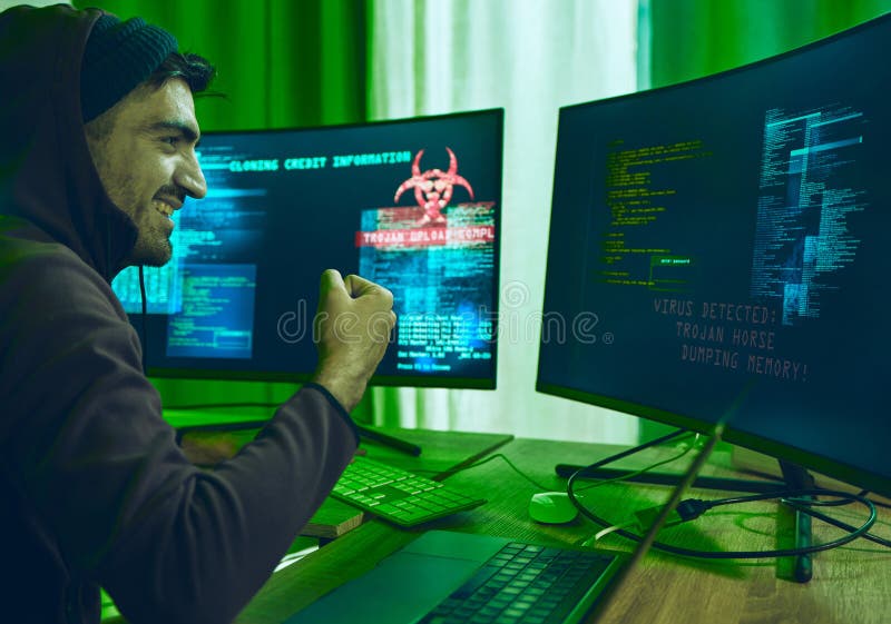 Cybersecurity Crime And Happy Man Programming In Neon Office With Code Fraud And Hacking With