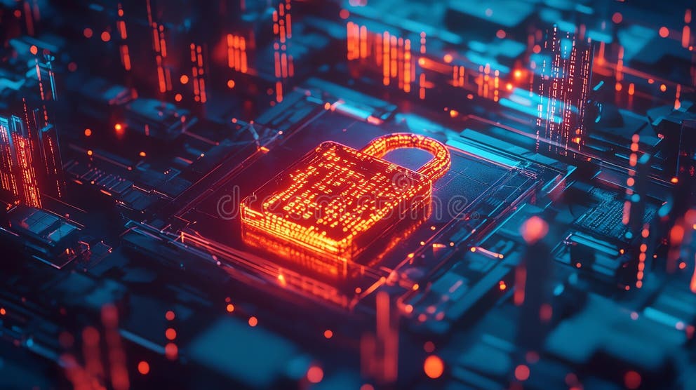 Cybersecurity 3D Illustration: Digital Lock on Circuit Board Stock ...