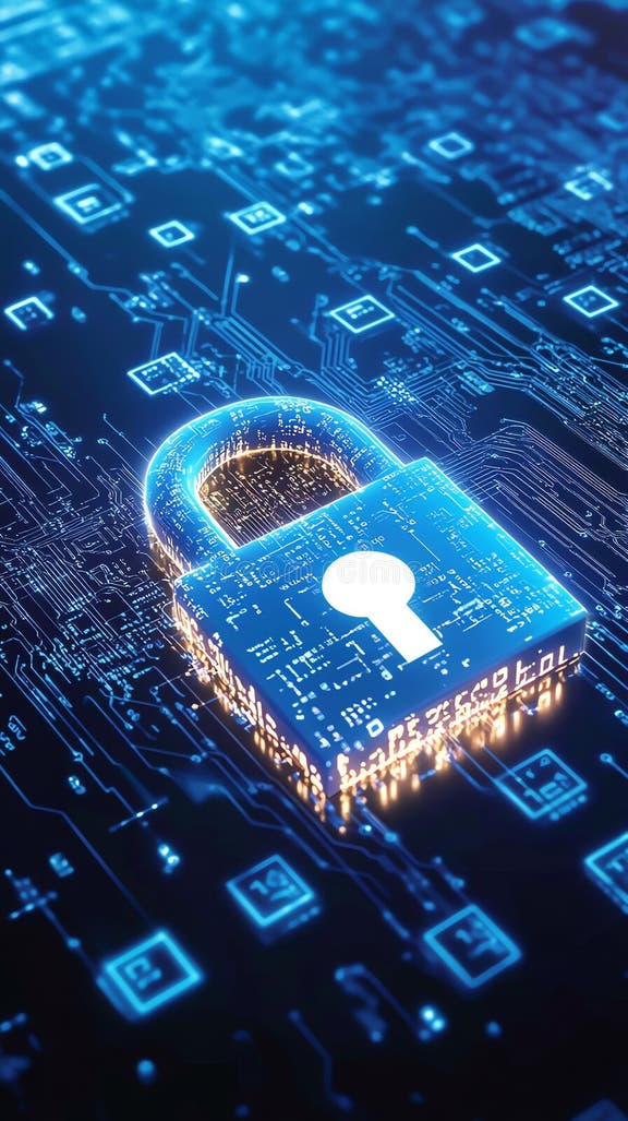 Cybersecurity 3D Illustration: Digital Lock on Circuit Board Stock ...