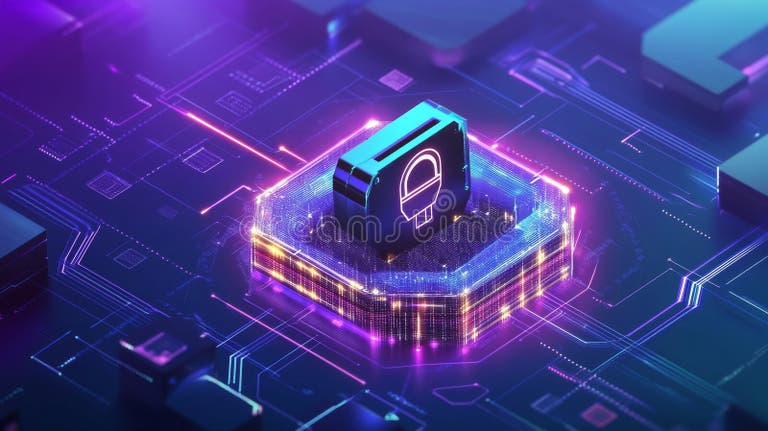 Cybersecurity 3D Render of Hexagon Chip with Lock, Digital Security, Data Protection ...