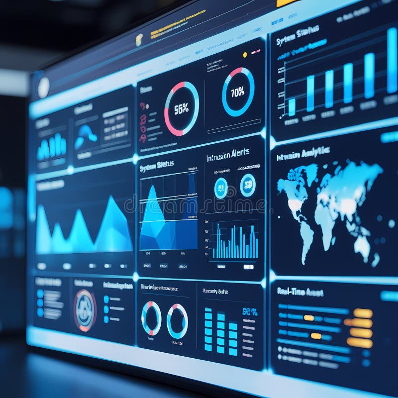 Cybersecurity Dashboard on a Widescreen Monitor Displaying Various ...