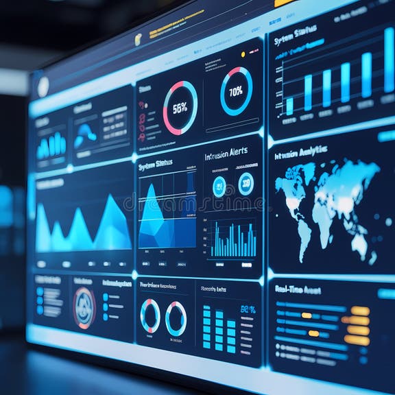 Cybersecurity Dashboard on a Widescreen Monitor Displaying Various ...