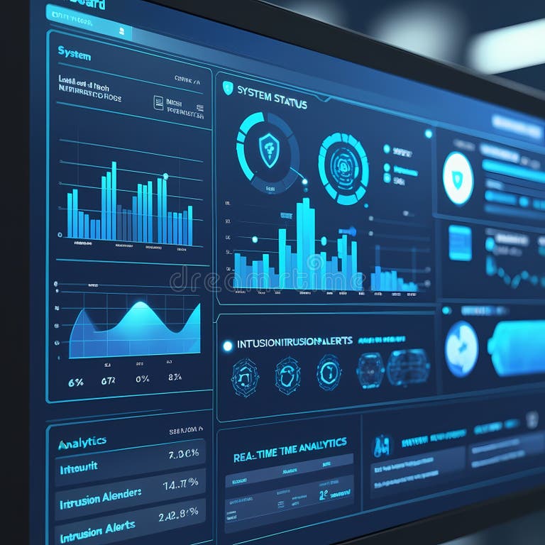 Cybersecurity Dashboard on a Widescreen Monitor Displaying Various ...