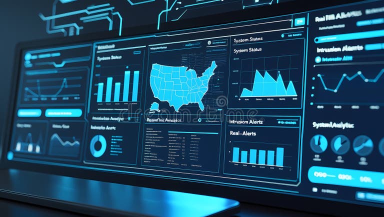 Cybersecurity Dashboard on a Widescreen Monitor Displaying Various ...