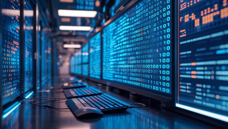 Cybersecurity Data Center with Binary Code on Multiple Monitors Stock Illustration ...