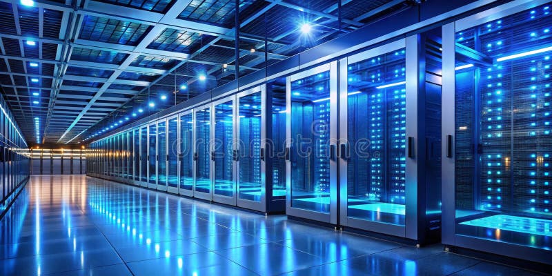 Cybersecurity Data Center Blue-Lit Server Hallway Stock Illustration ...