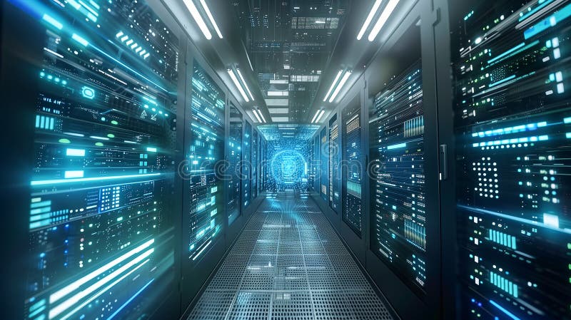 Cybersecurity Data Center with Rows of Servers and a Holographic ...