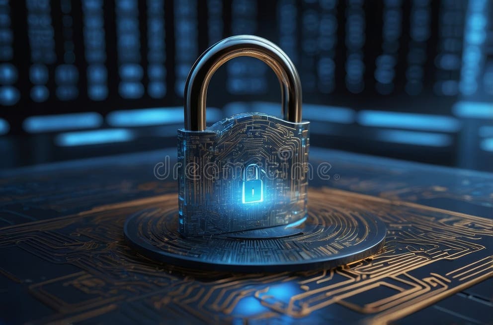 Cybersecurity and Data Privacy Concept 3D Render with Shield, Padlock, and Binary Code Stock ...