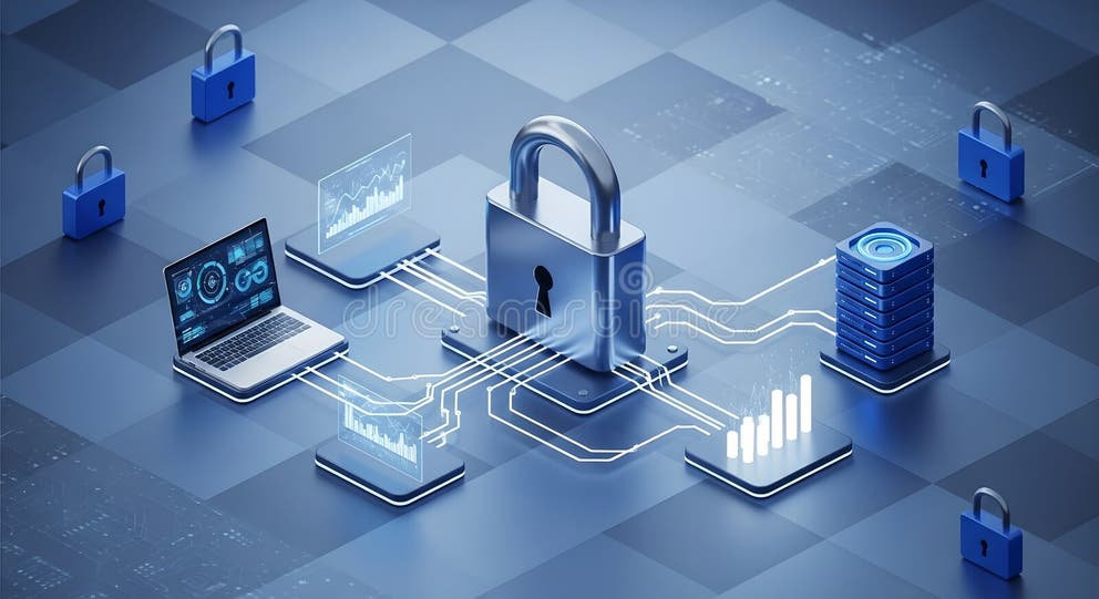 Cybersecurity Data Protection Network Security Concept. Digital Privacy, Padlock, Laptop, Server ...